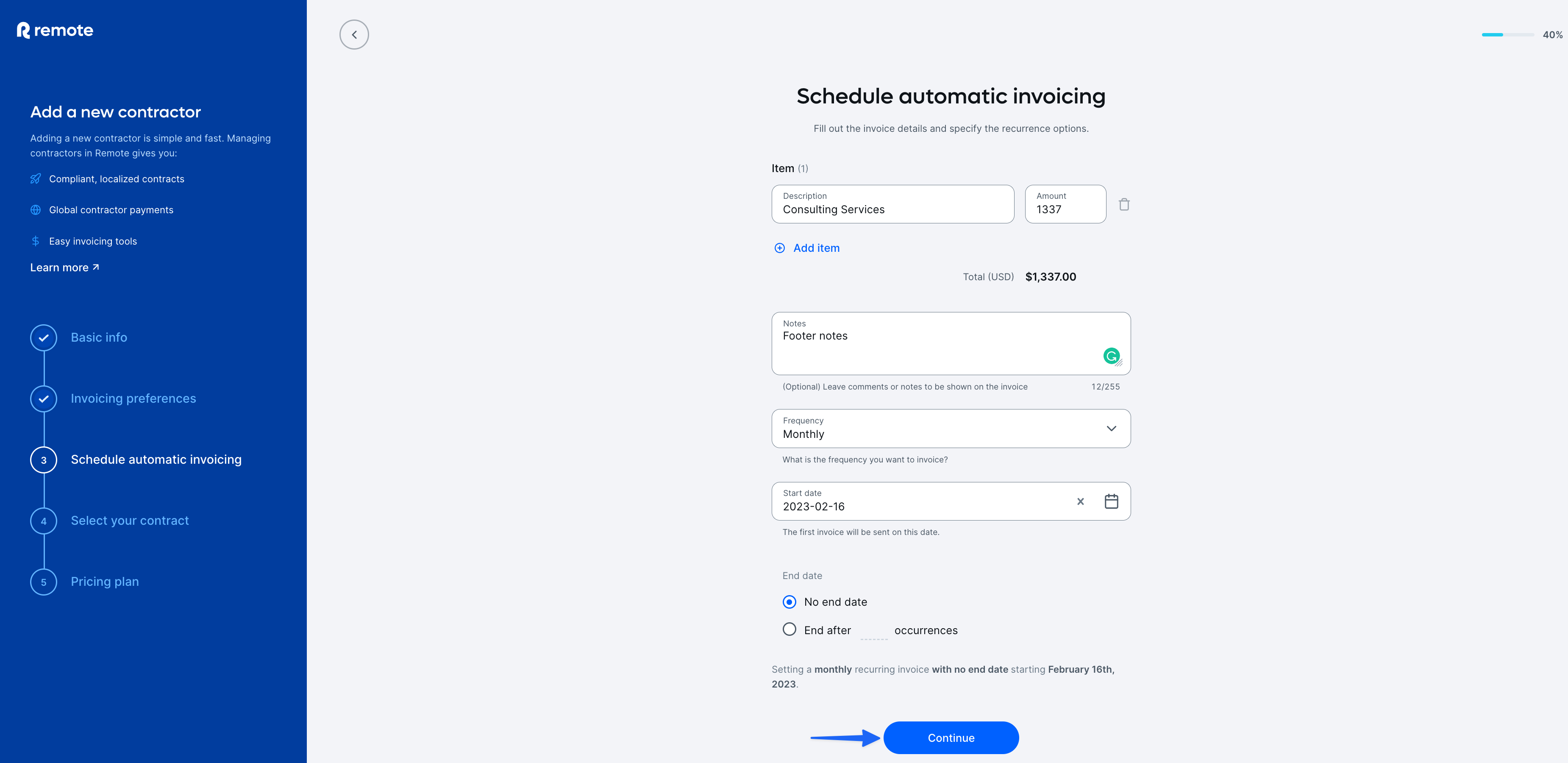 How to create a scheduled contractor invoice – Remote