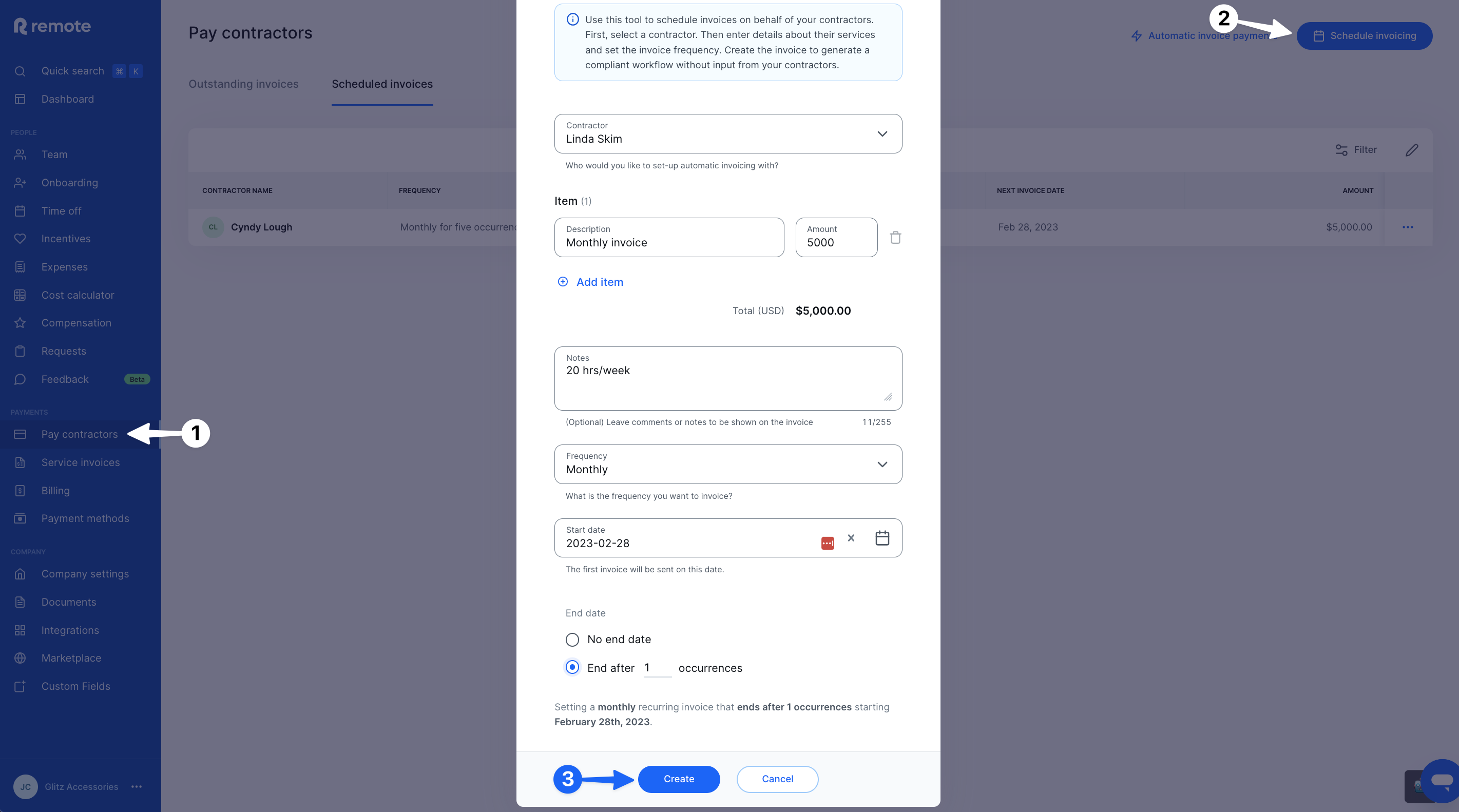 How to create a scheduled contractor invoice – Remote
