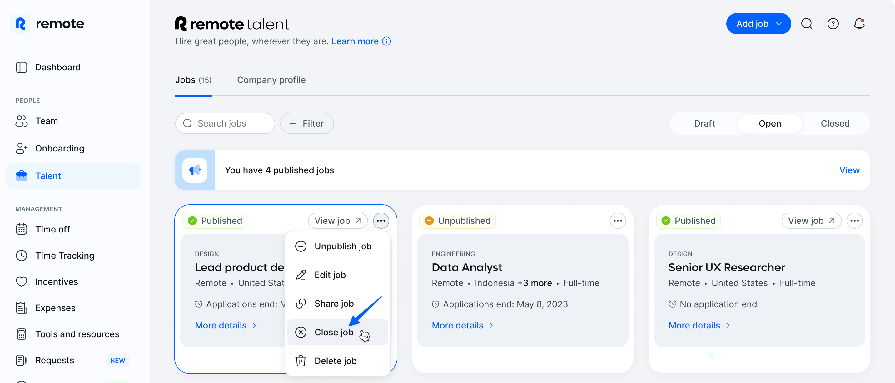 How to close a job or re-open a closed job – Remote