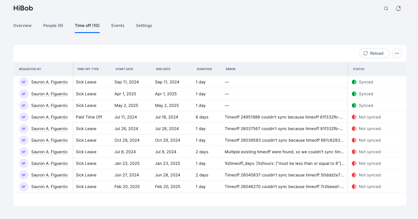 Employee time-off sync with Hibob integration – Remote